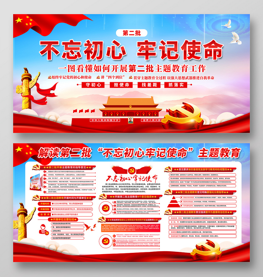 蓝色大气第二批不忘初心牢记使命主题教育宣传栏党政党建党课展板 515PPT