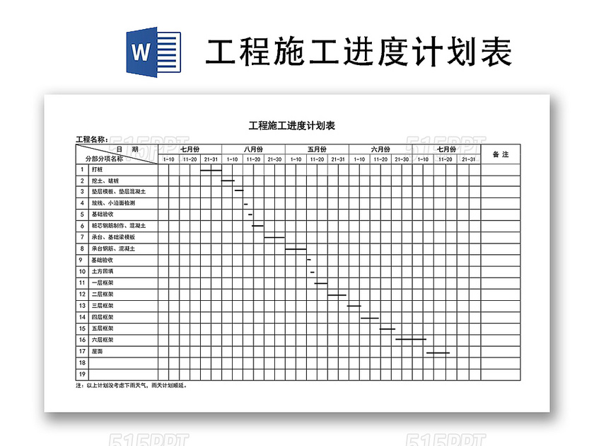 工程施工进度计划表word模板 515PPT