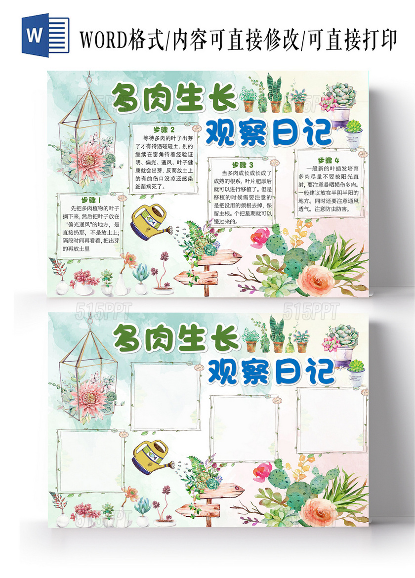 青色卡通多肉生长观察日记多肉植物生长小报手抄报卡通小报手抄报 515PPT