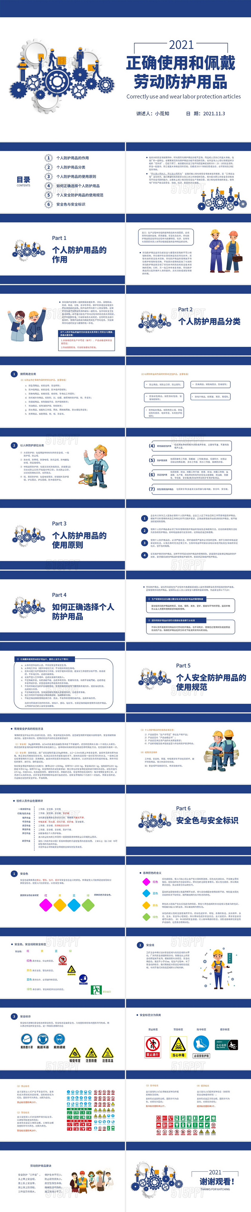 蓝色简约商务正确使用和佩戴劳动防护用品企业培训PPT课件 515PPT