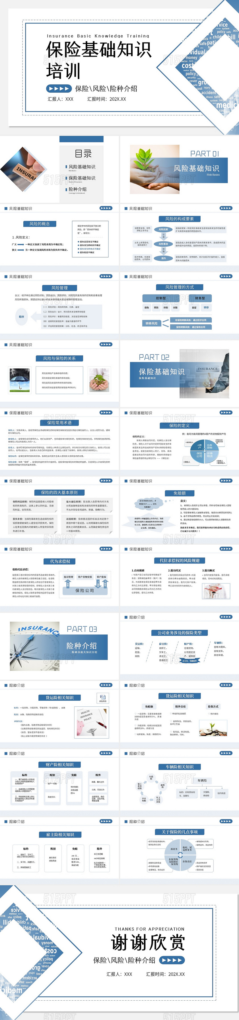 淡蓝色大气极简商务风格保险基础知识培训商务合作PPT模板 515PPT