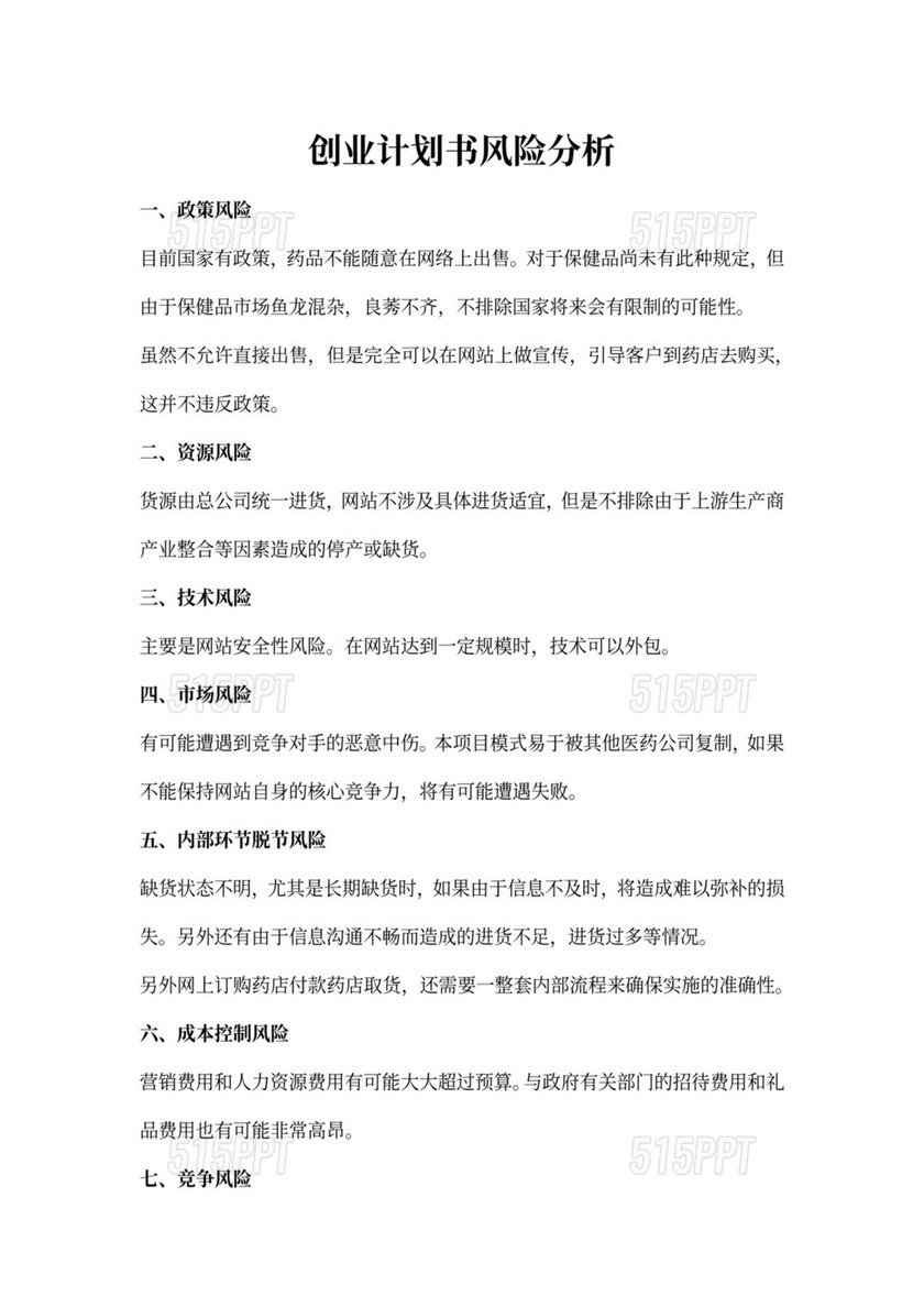 创业计划书风险分析 515PPT