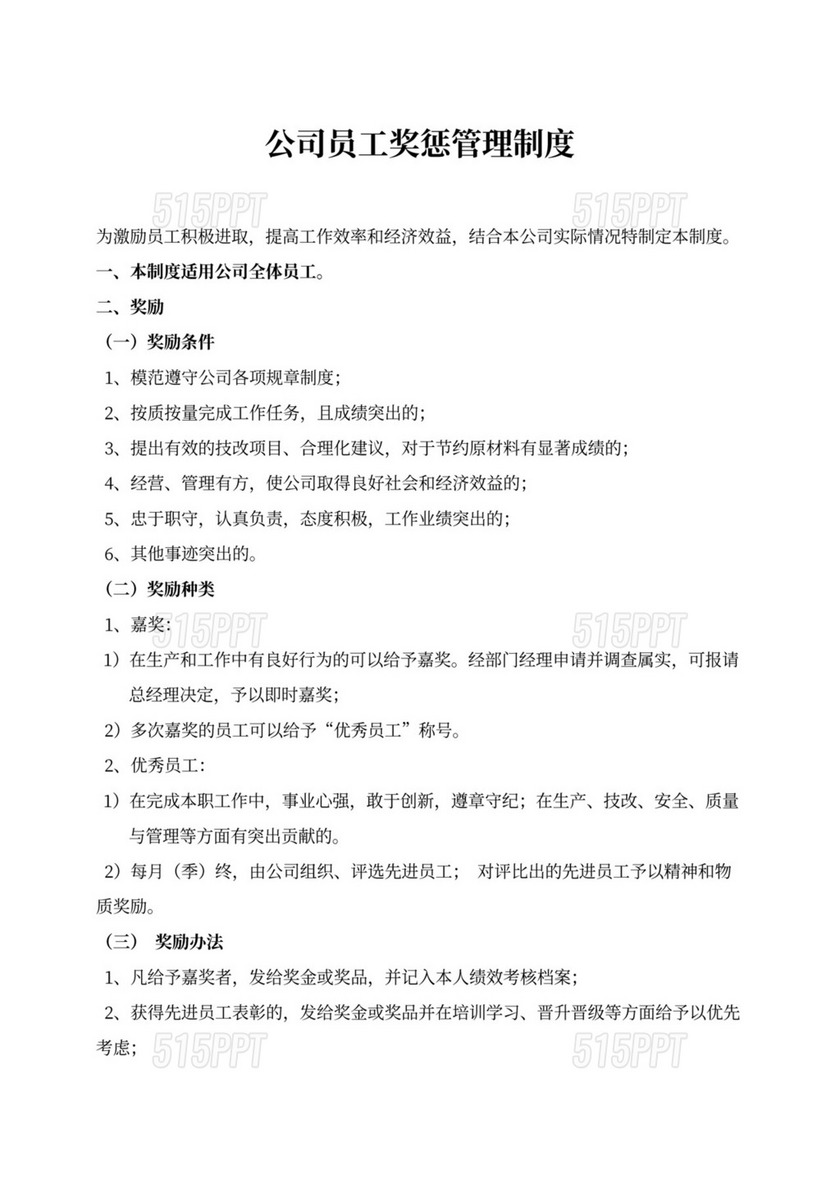 公司员工奖惩管理制度word模板 515PPT