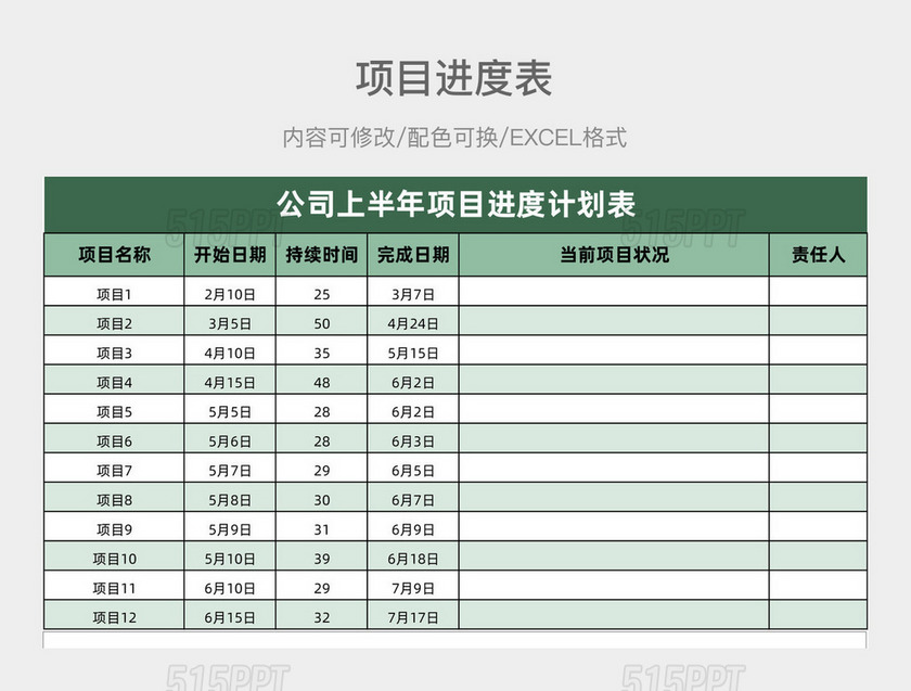 淡绿色清新公司上半年项目进度计划表 515PPT