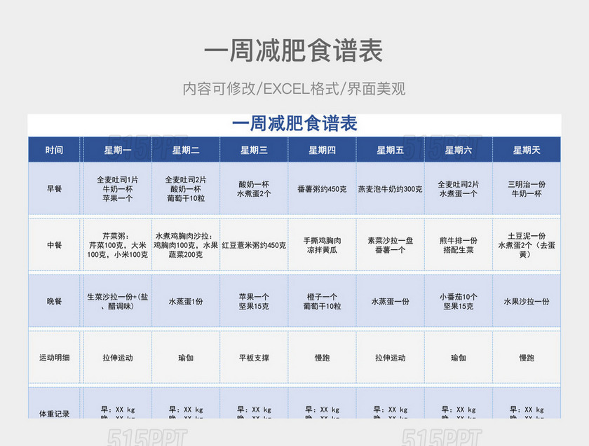 一周减肥食谱表 515PPT