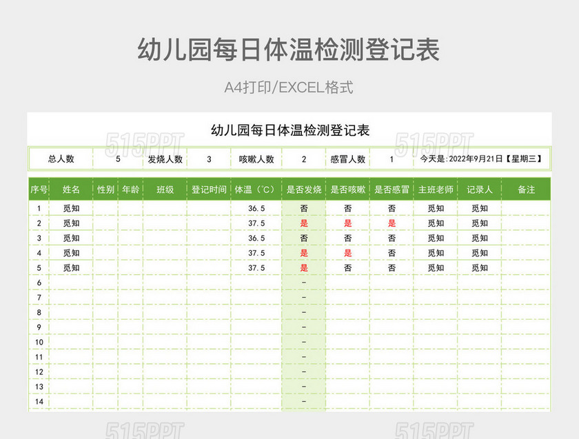 绿色简约幼儿园每日体温检测登记表 515PPT