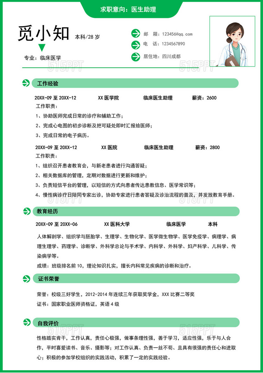 绿色简约医学生求职简历医生个人求职简历模板 515PPT
