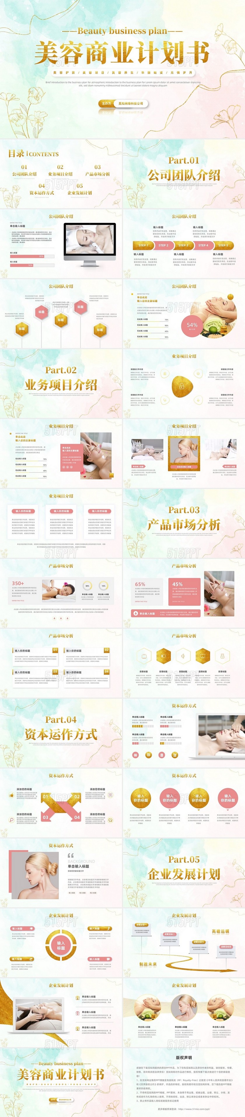 小清新风鎏金线条花卉美容医美行业招商项目汇报医美商业计划书 515PPT